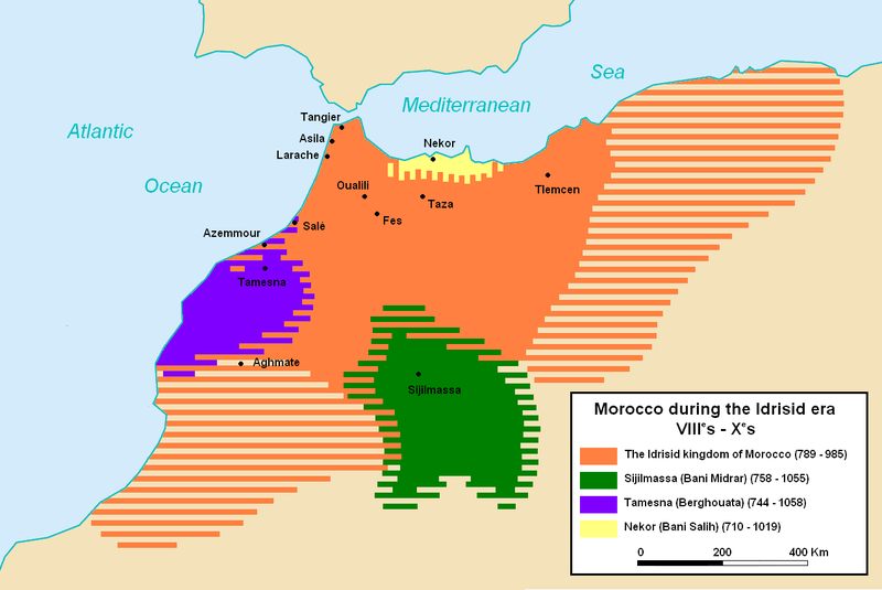 Map of Idrisid Morocco and its neighbors, showing Beni-Midrar's kingdom ...